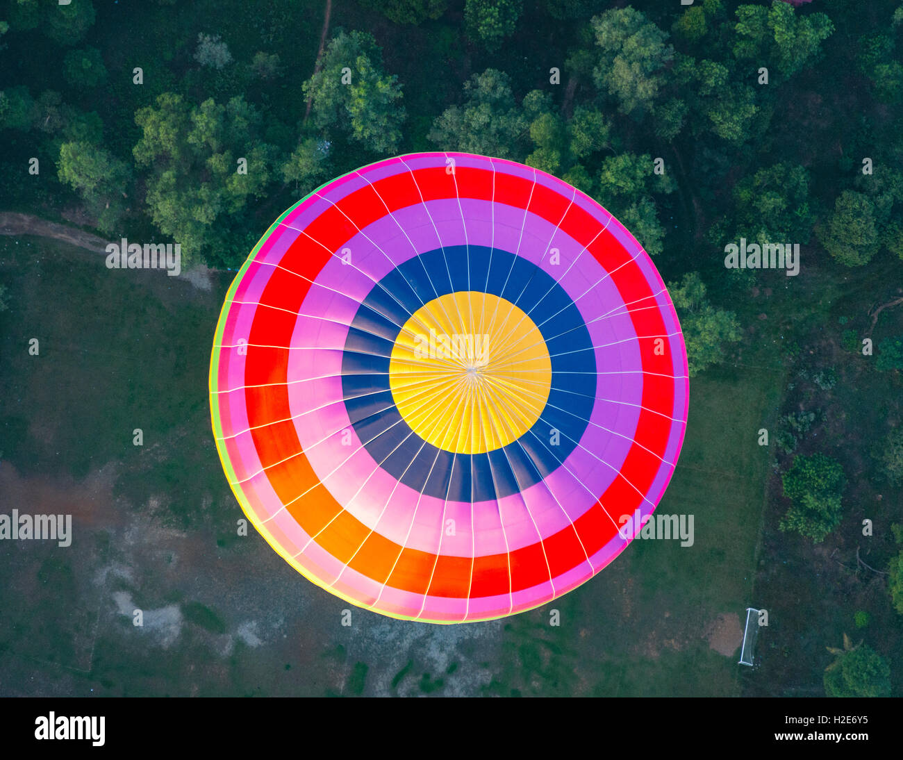 Colorful hot air balloon in the air from above, bird's eye view, Vang ...