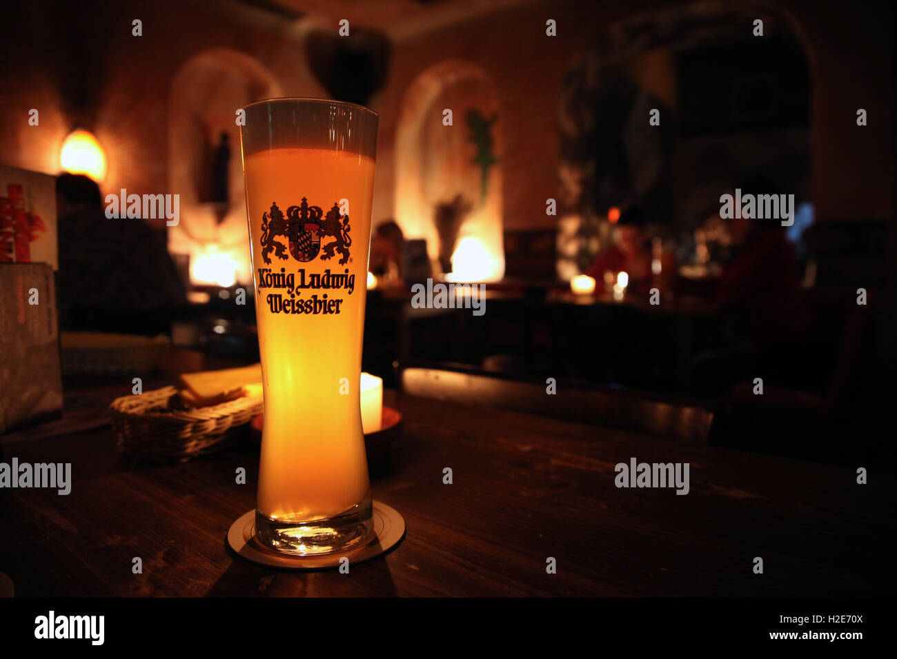 Weissbier or wheat beer, König Ludwig Weissbier, in a bar in Aachen ...