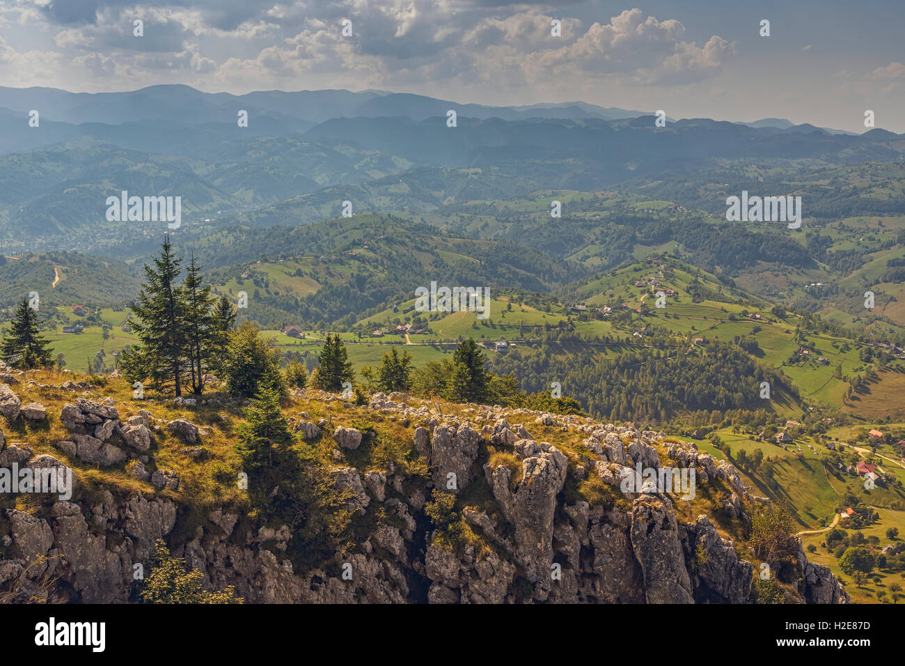 Peaceful panoramic mountain landscape of the vast valley in Bran-Rucar ...