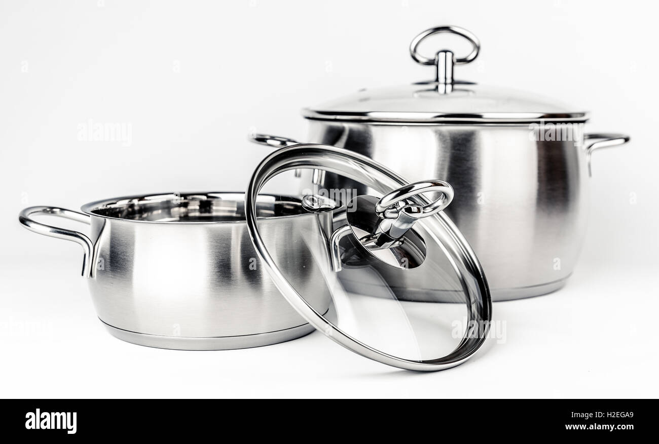 Two Metal stock pots with glass lid Stock Photo - Alamy