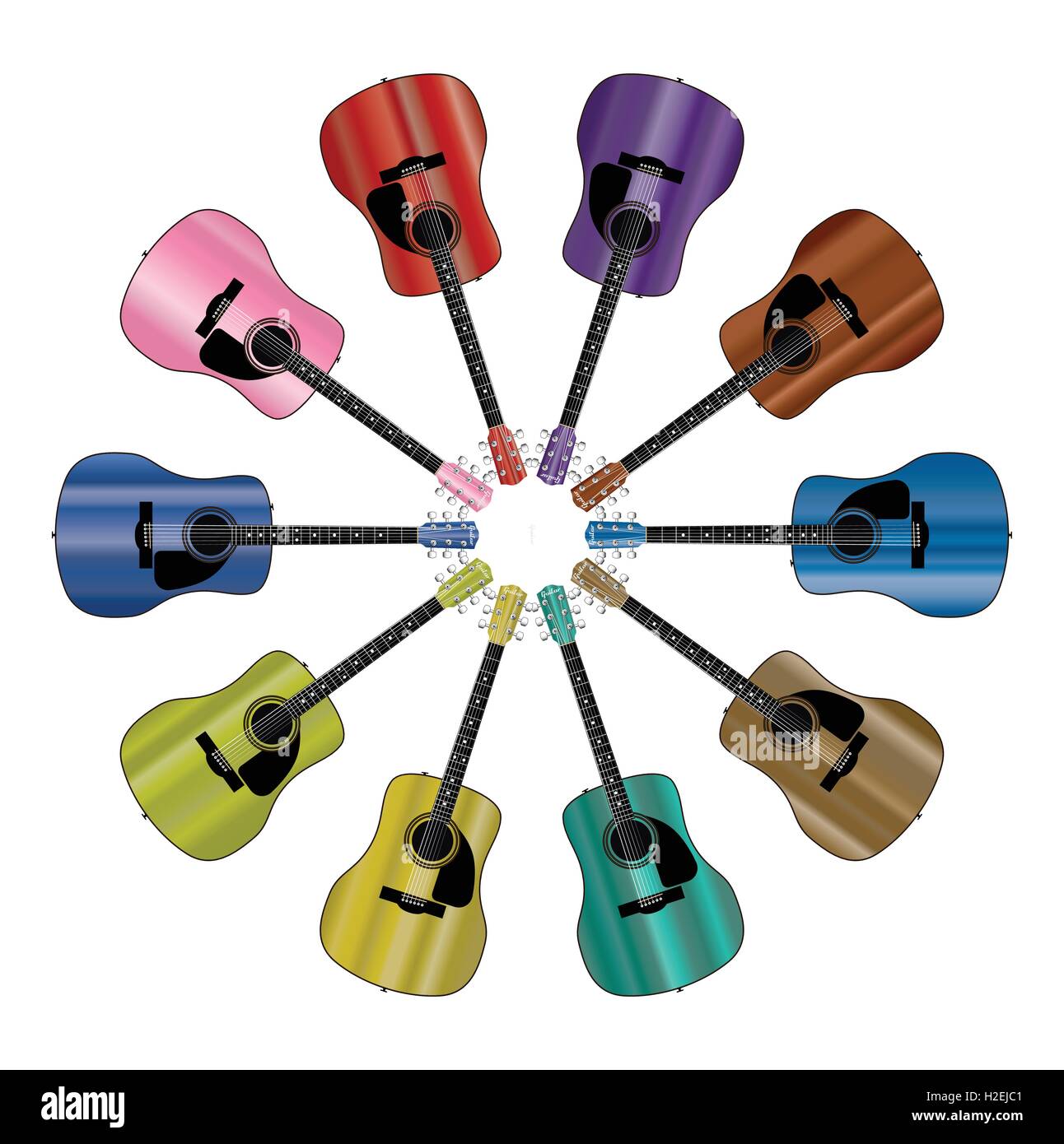 A circle of acoustic guitars isolated over a white background Stock ...