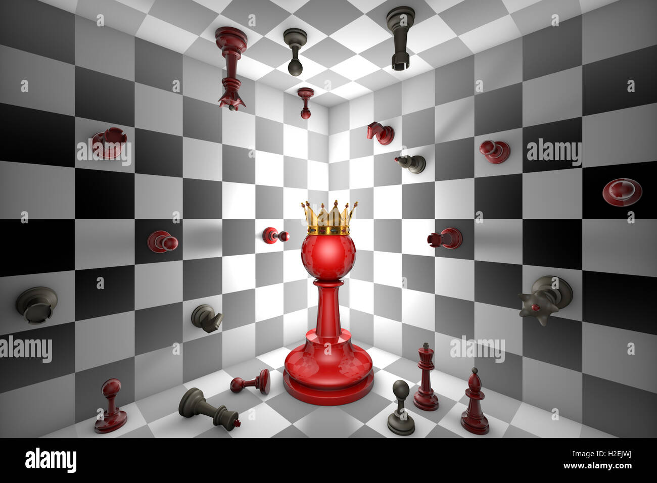 Big red pawn and a golden crown. Closed chess space. Many small chess ...
