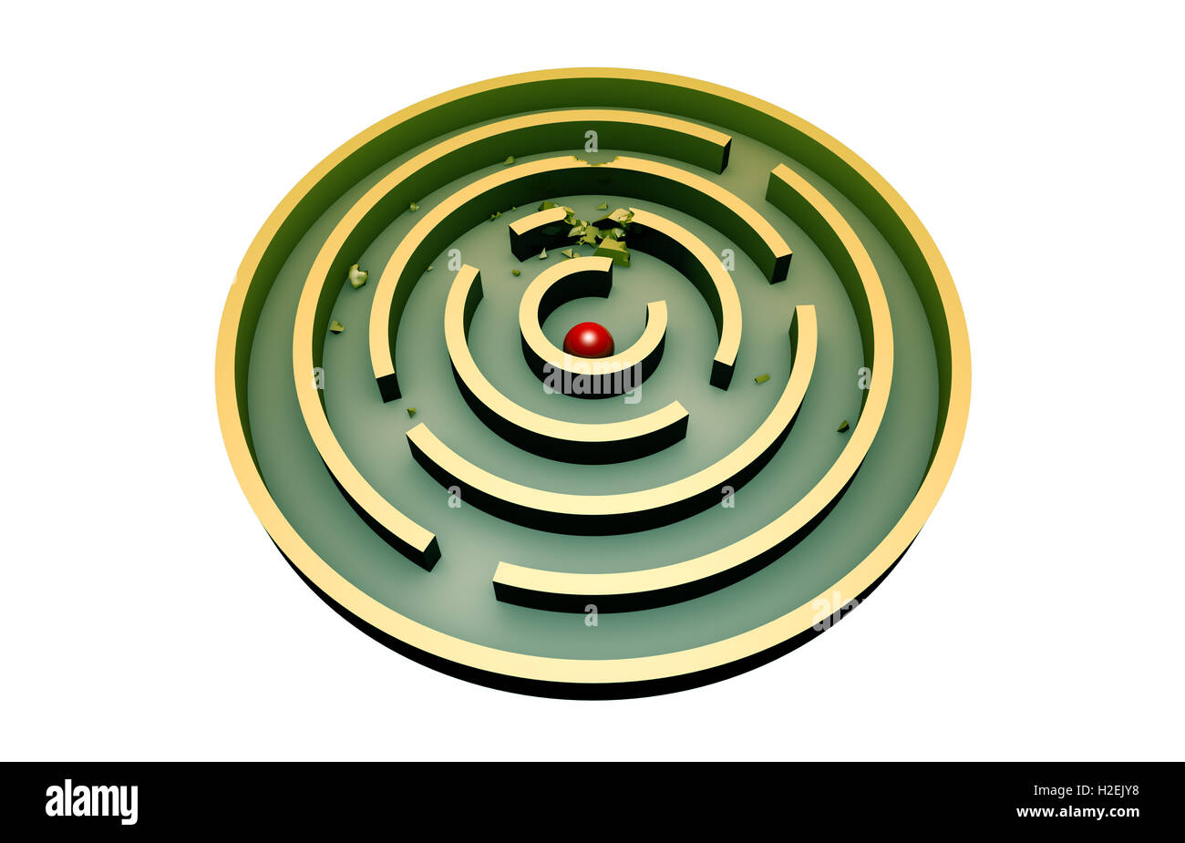 The red ball in the middle of a round turquoise maze. 3d image ...