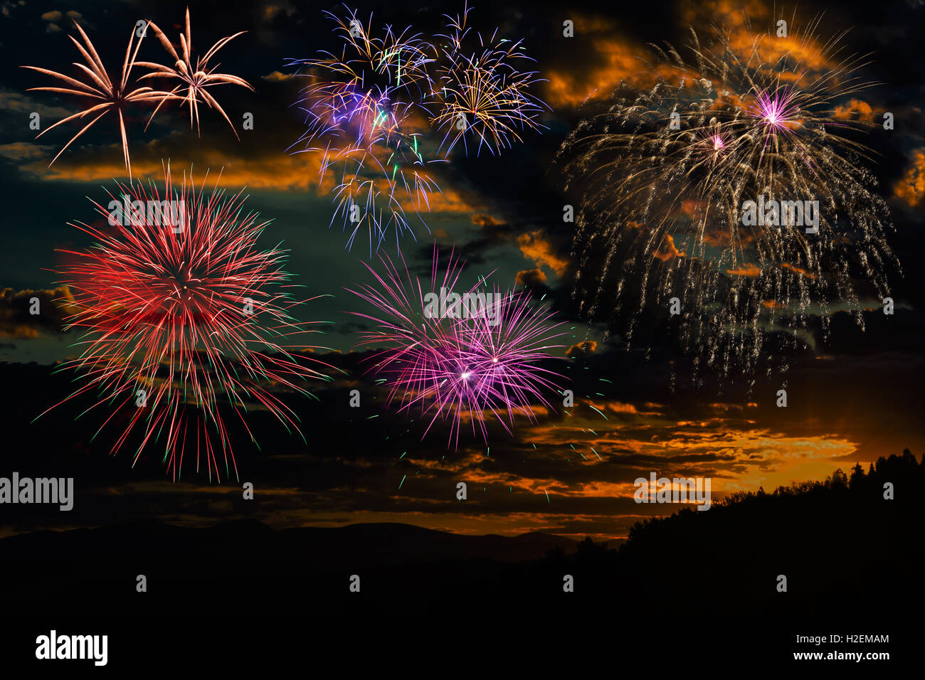 Brightly multicolor different beautiful amazing celebration fireworks ...