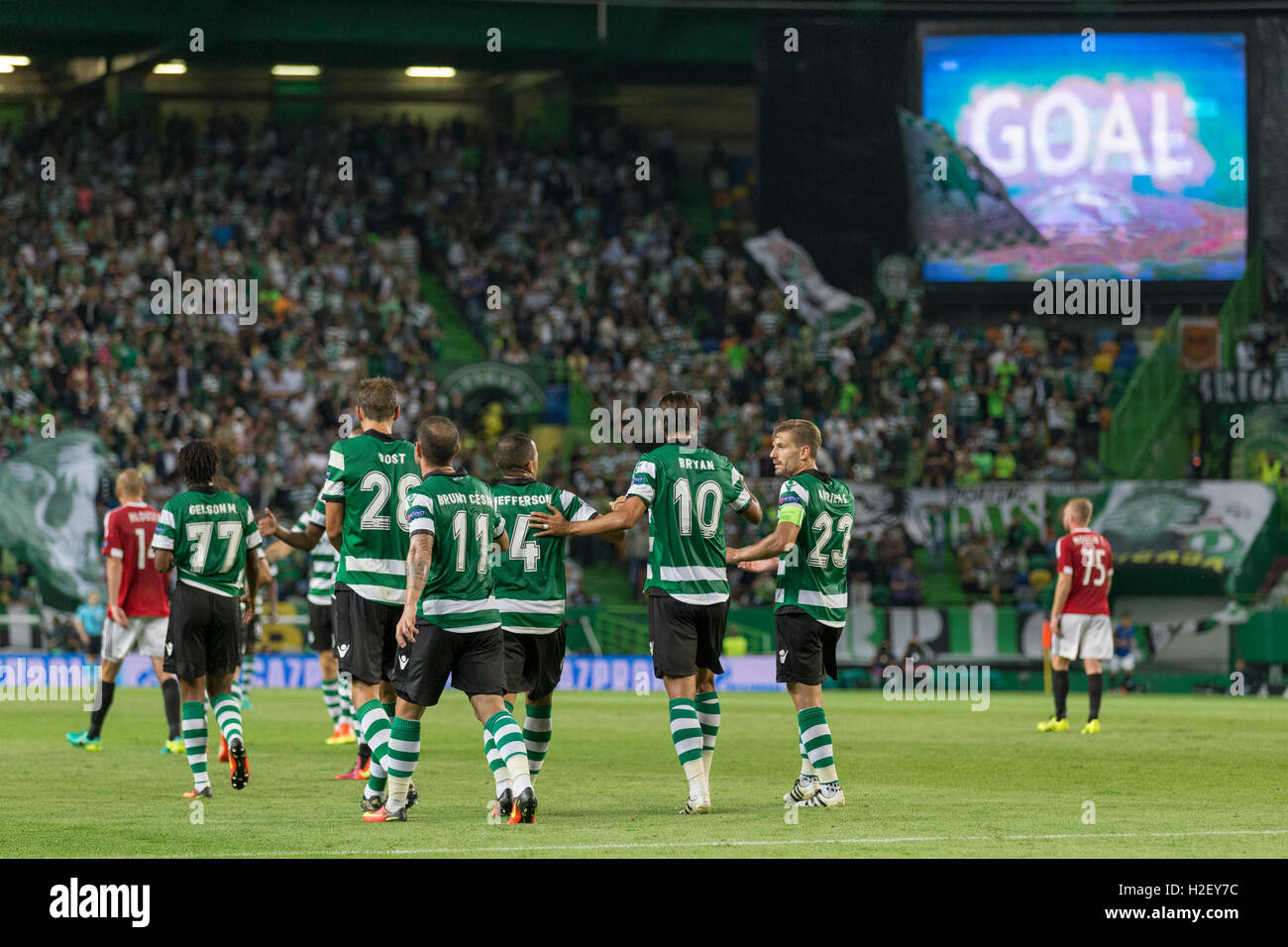Lisbon, Portugal. 27th September, 2016. Sporting players celebrating ...