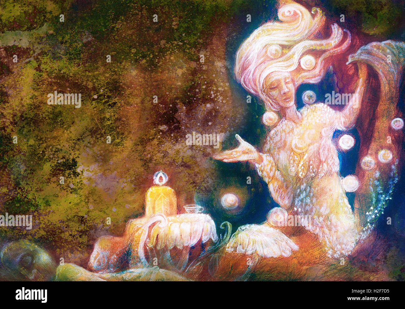 magical radiant fairy spirit in forest dwelling making floating lights ...