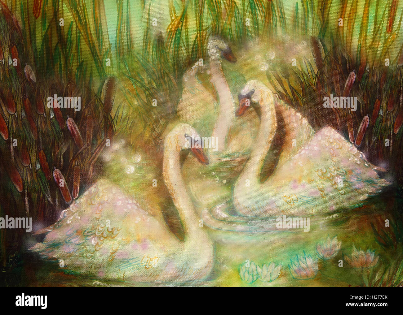 Graceful Swans In Love Swimming Together Illustration Collage Stock