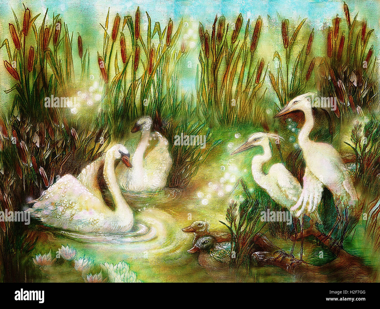 pair of swans and crane birds at pond surrounded with reeds, fairytale ...