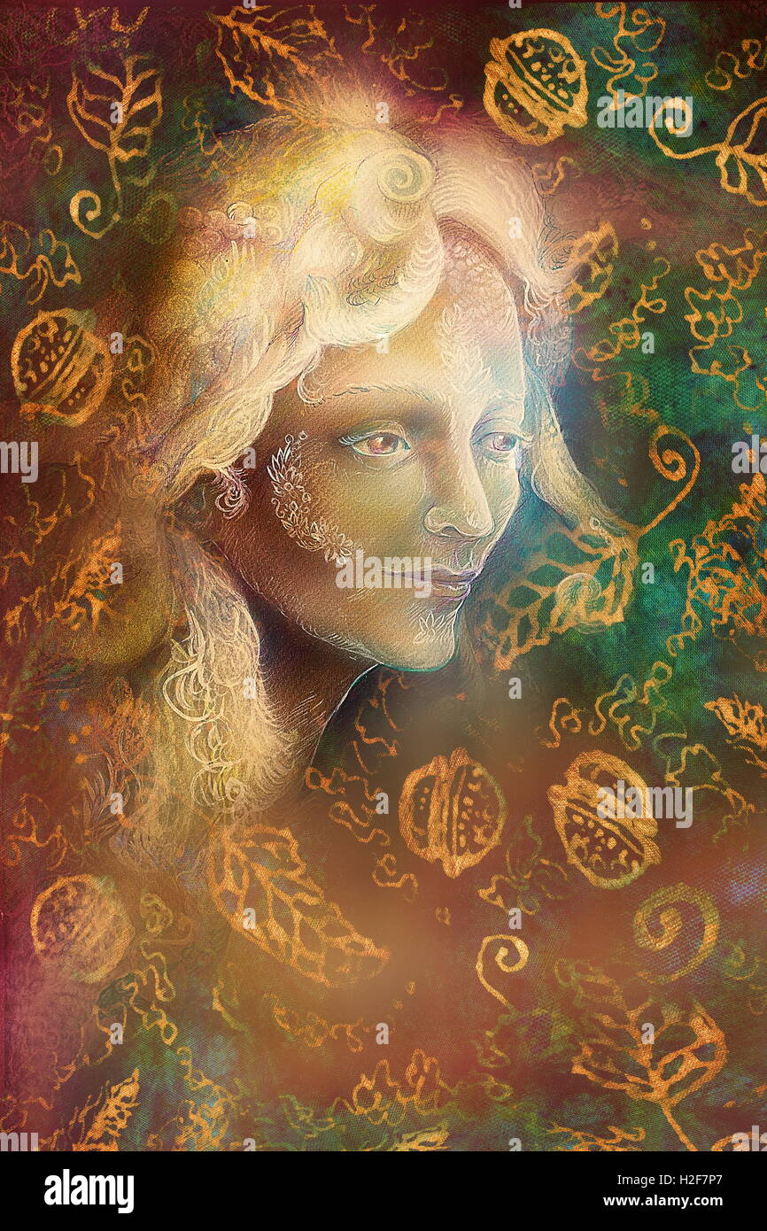 fairytale fairy woman face on abstract background with ornaments Stock ...