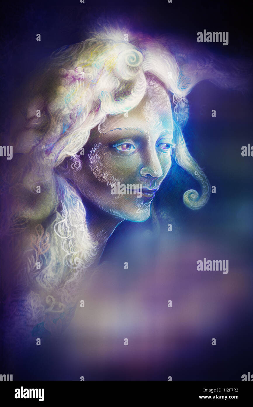 beautiful angel fairy spirit in rays of purple light, illustration ...