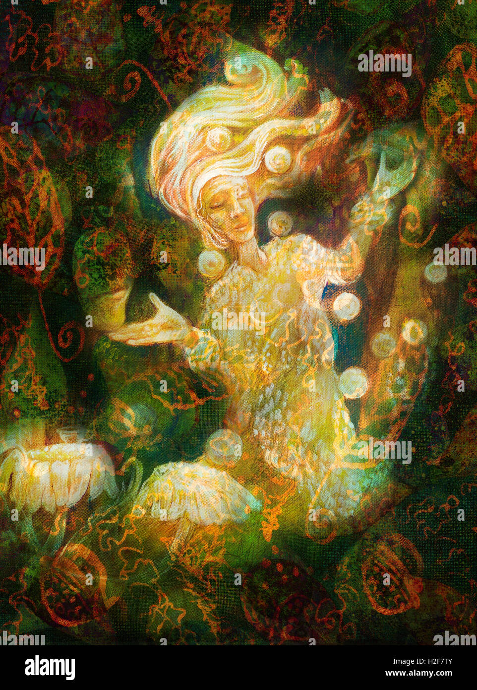 magical radiant fairy spirit in forest dwelling making floating lights ...