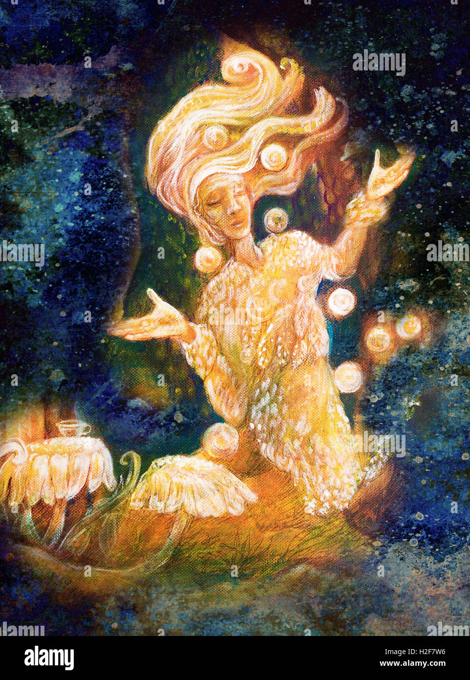 magical radiant fairy spirit in forest dwelling making floating lights ...