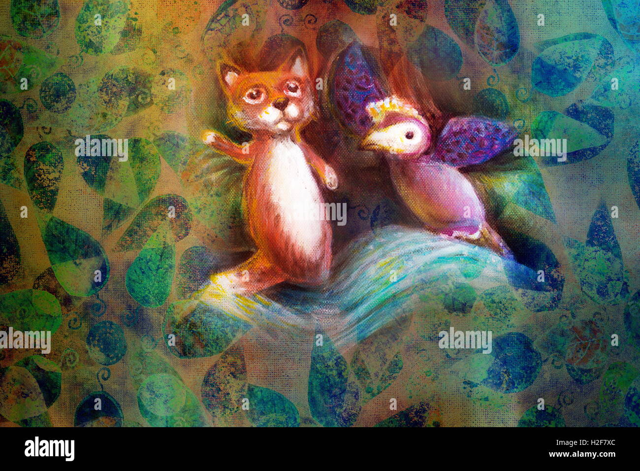 two animal puppets, fox and violet bird, on abstract background with ...
