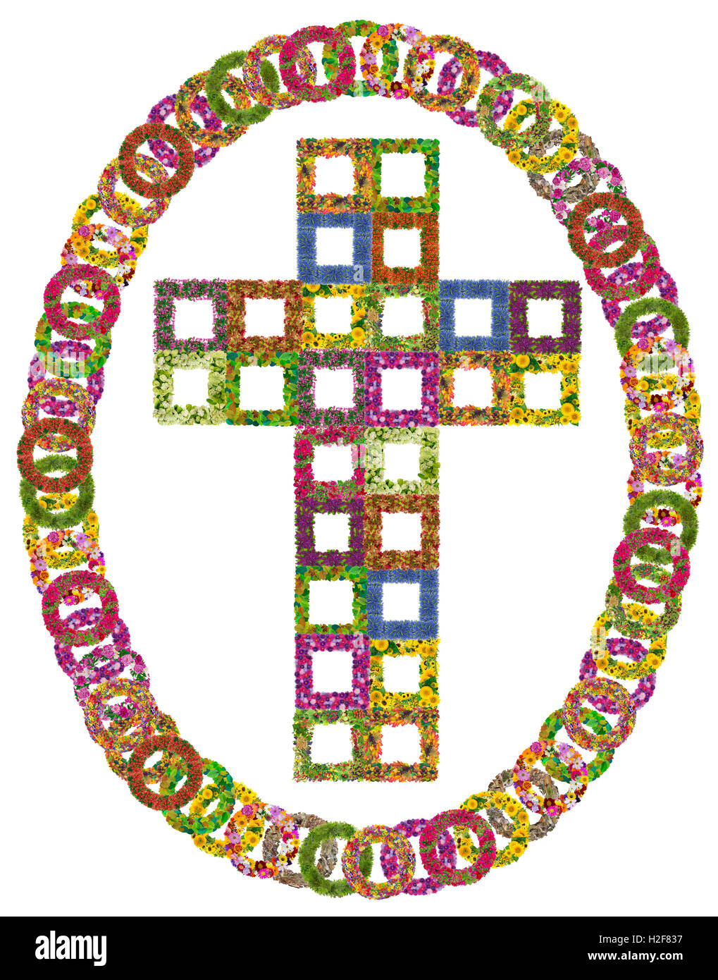 Simple floral Catholic cross and oval frame medallion. Isolated on ...
