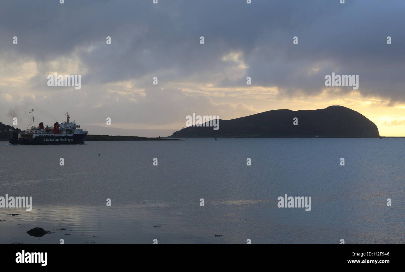 Calmac ferry MV Isle of Arran in Campbeltown Loch with Davaar Island ...