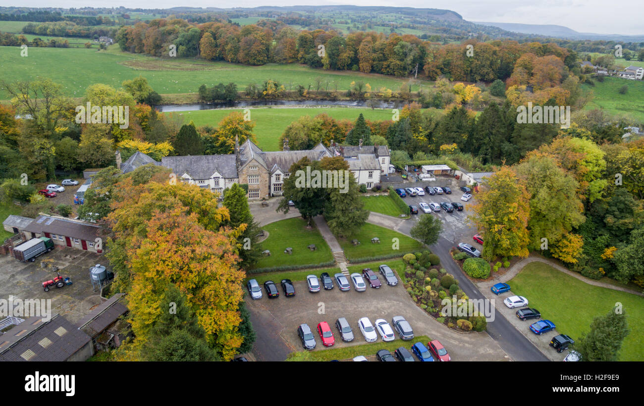 Aerial view of Mitton Hall Hotel Clitheroe, front entrance and car park ...