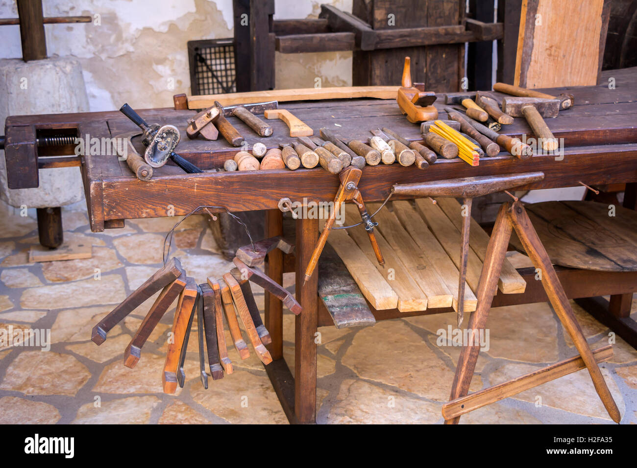 Vintage woodworking tools on a wooden workbench Stock Photo - Alamy