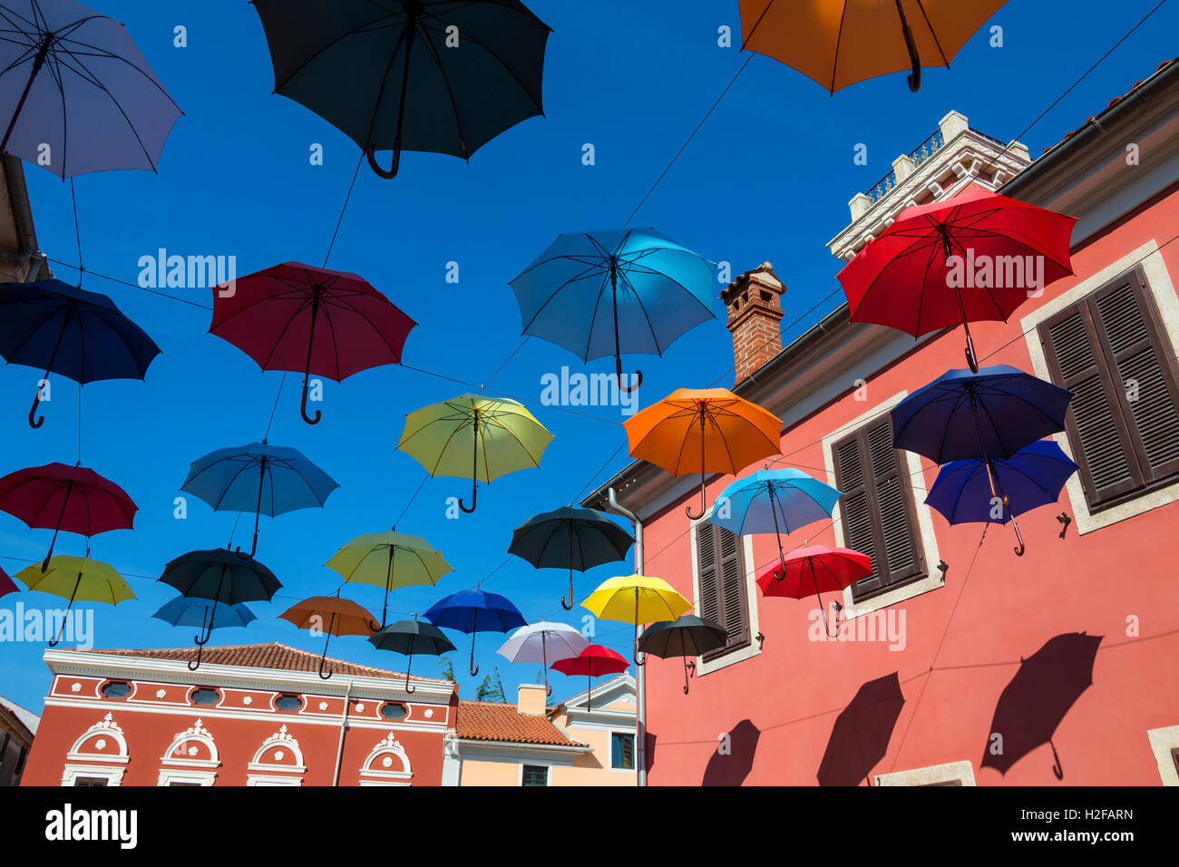 Umbrella Street in the coastal town of Novigrad on the Istria Peninsula ...