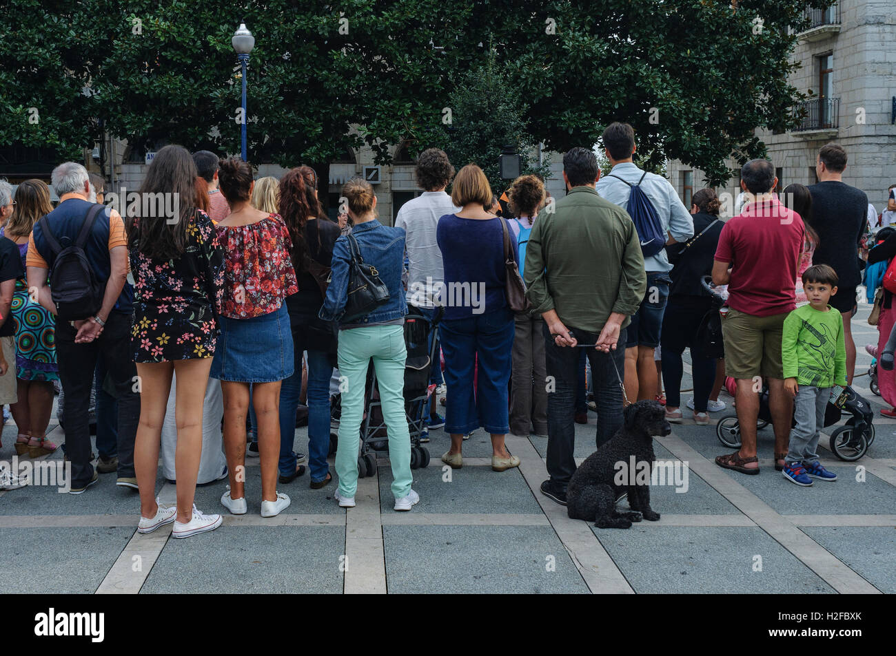 Back view of a group of people and a dog in plaza of Pombo, Santander ...