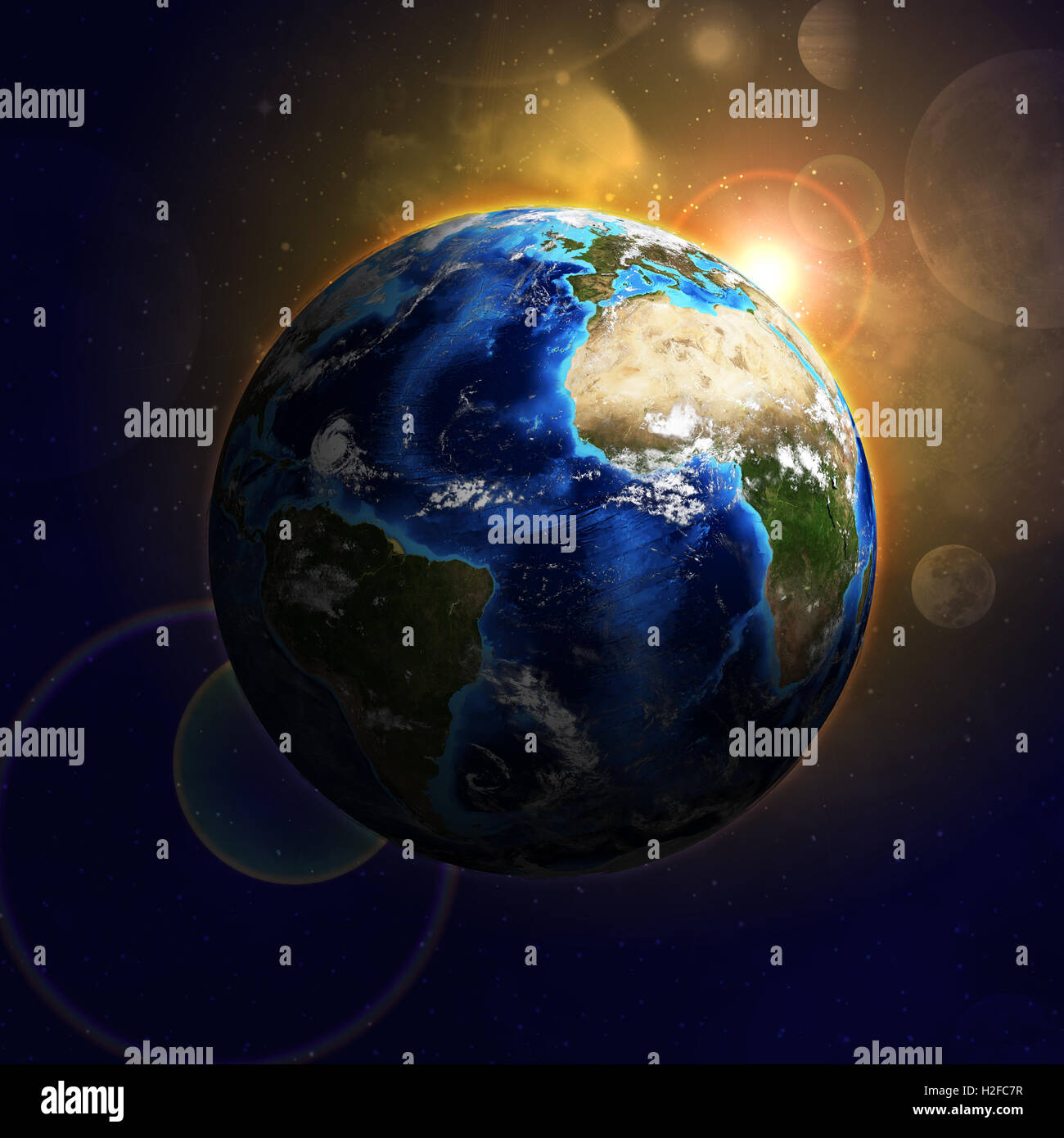 Earth planet in sun rays Stock Photo - Alamy
