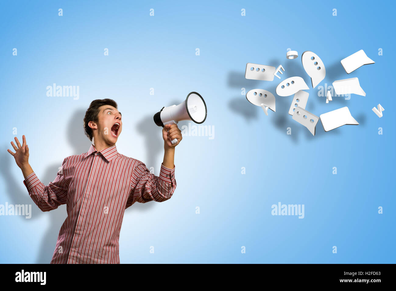 man yells into a megaphone Stock Photo - Alamy