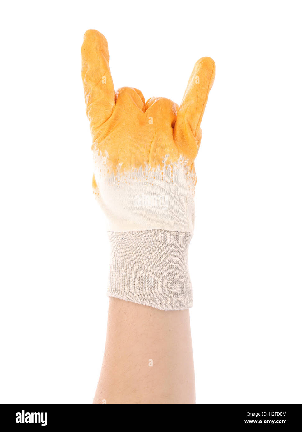 Working hand in glove shows rock sign Stock Photo - Alamy