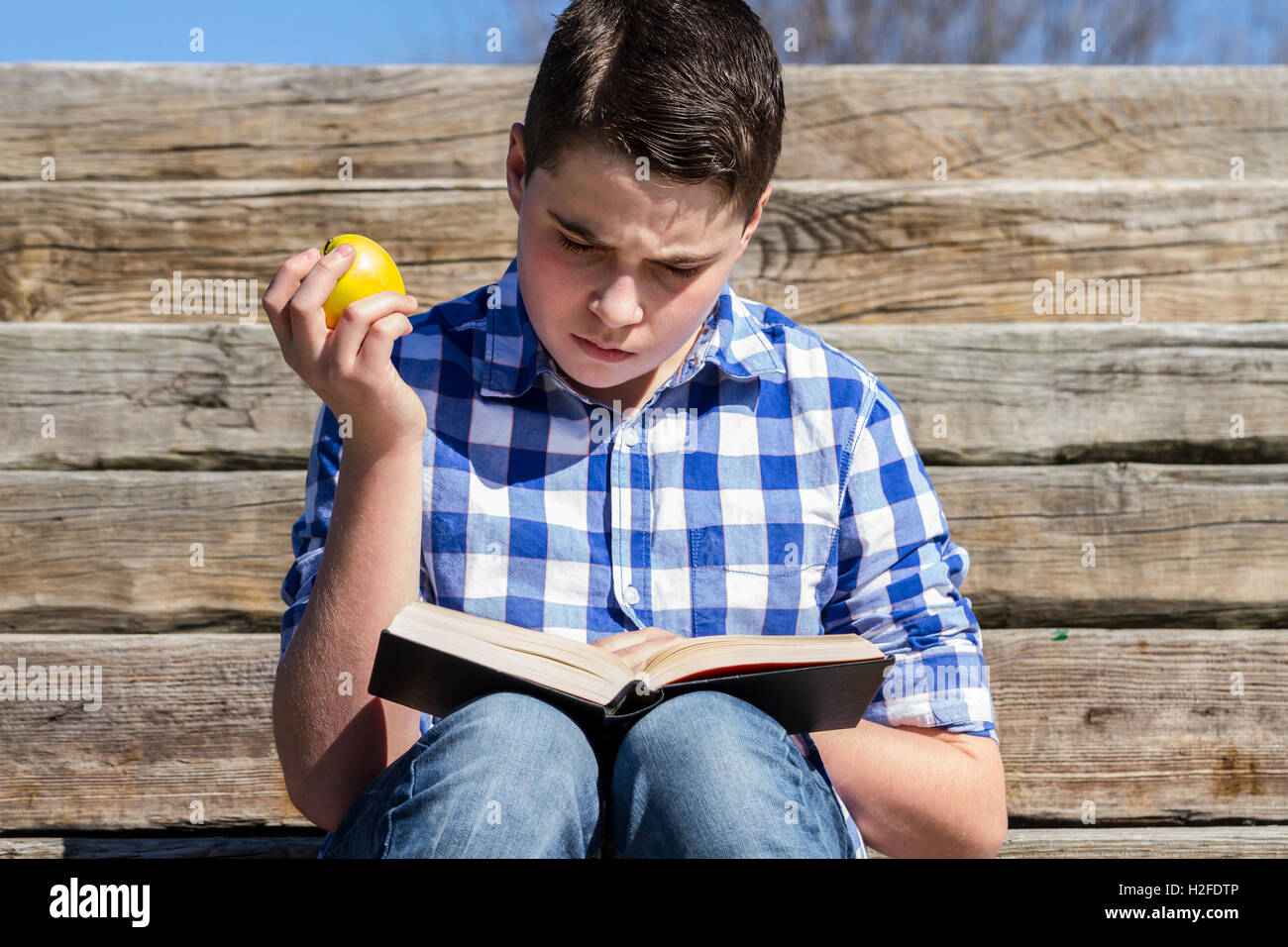 Portrait.Young boy reading a book in wooden stairs, summer Stock Photo ...