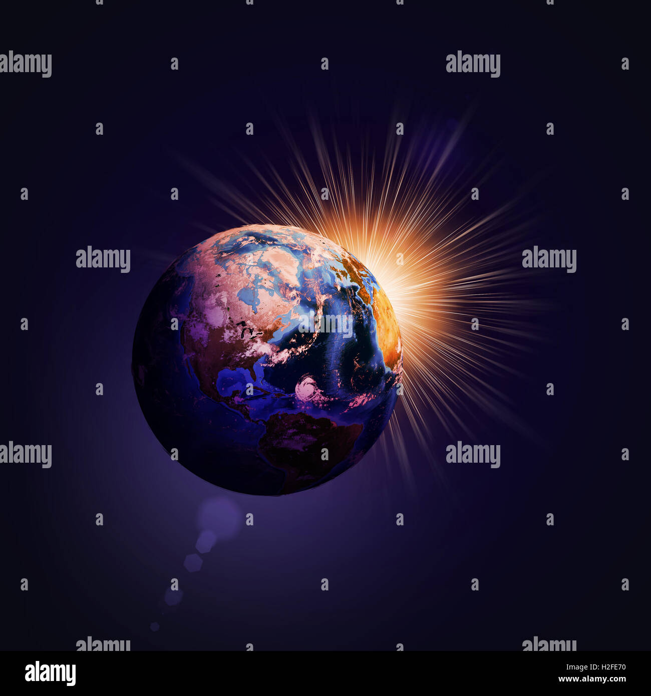 Earth planet in sun rays Stock Photo - Alamy