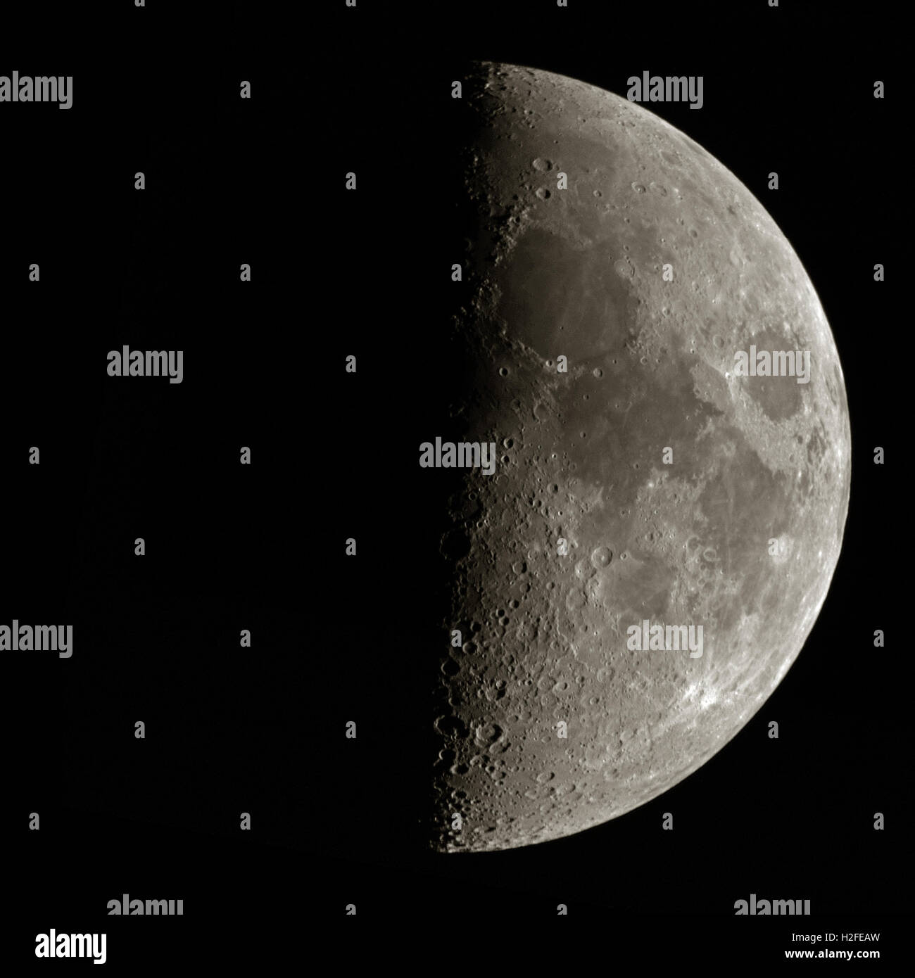 Close up of a first quarter moon (half moon) with different details on ...