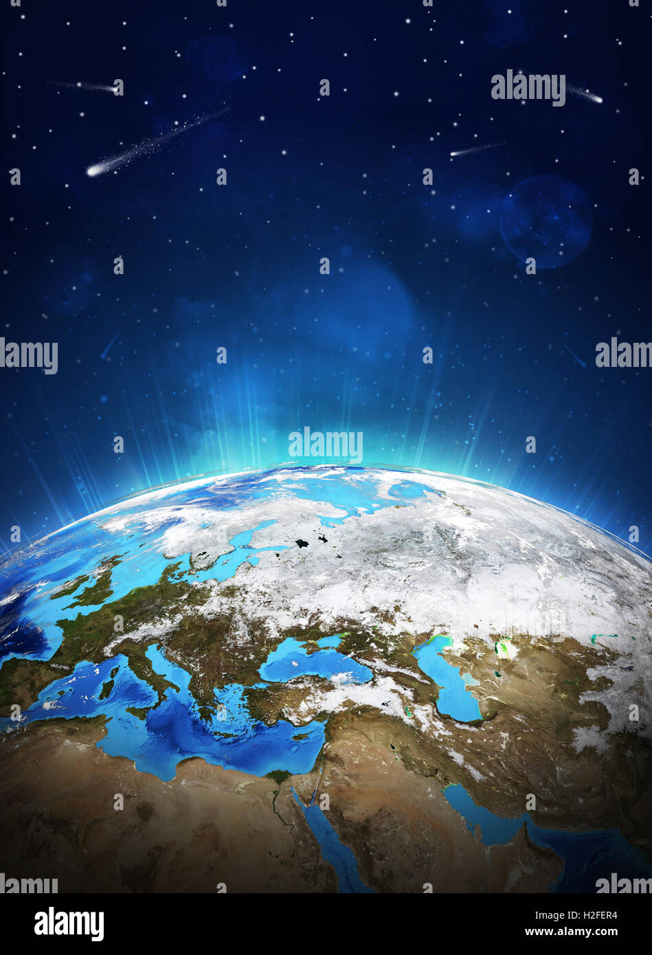 Earth planet in sun rays Stock Photo - Alamy