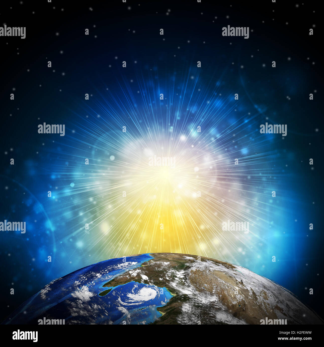 Earth planet in sun rays Stock Photo - Alamy