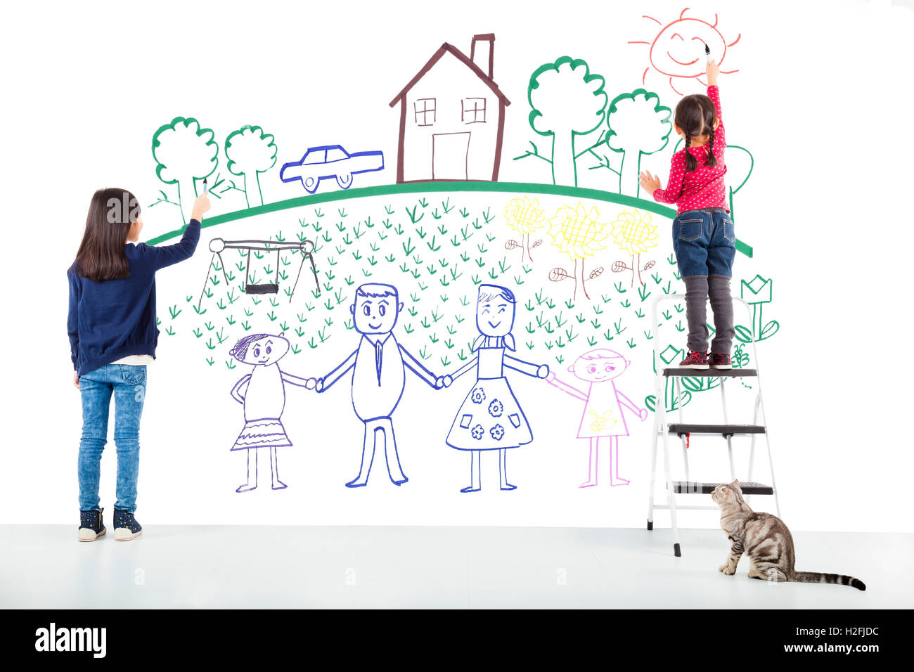 two kids drawing their dream on the white wall Stock Photo - Alamy
