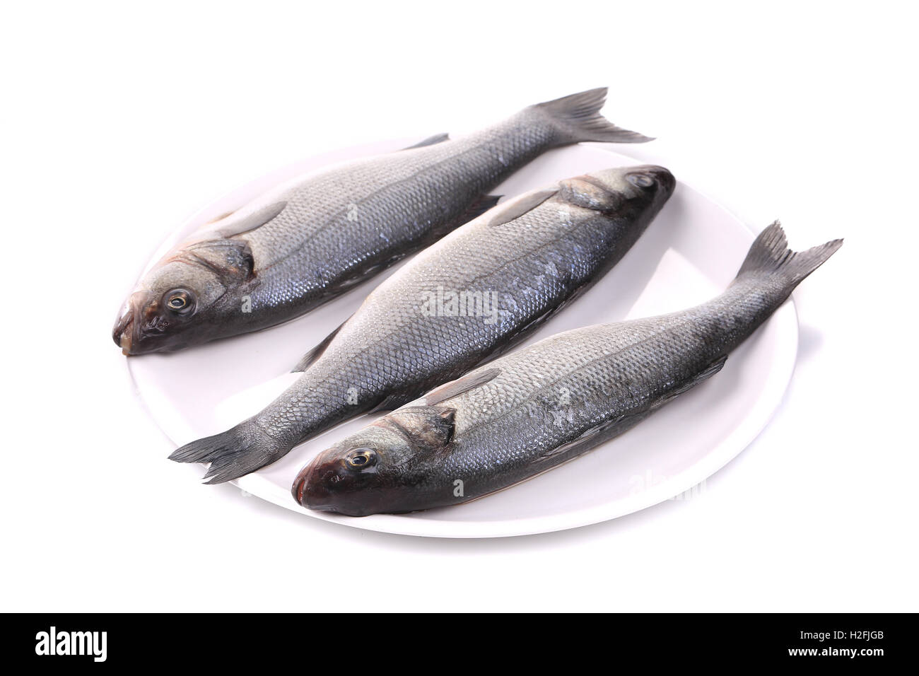 Three fresh seabass fish on plate Stock Photo - Alamy
