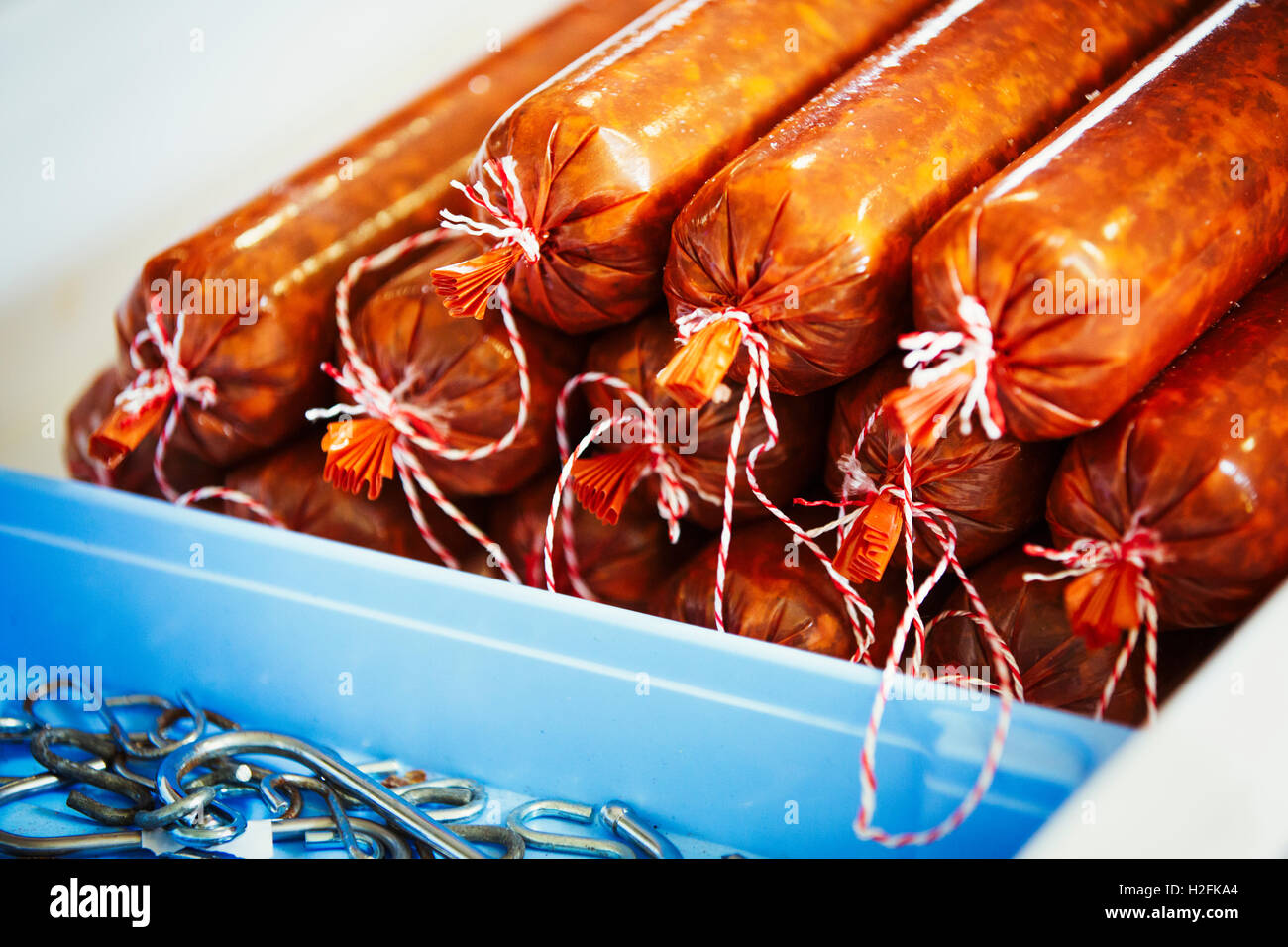 Close up of a stack of Chorizo sausages in a tray Stock Photo - Alamy