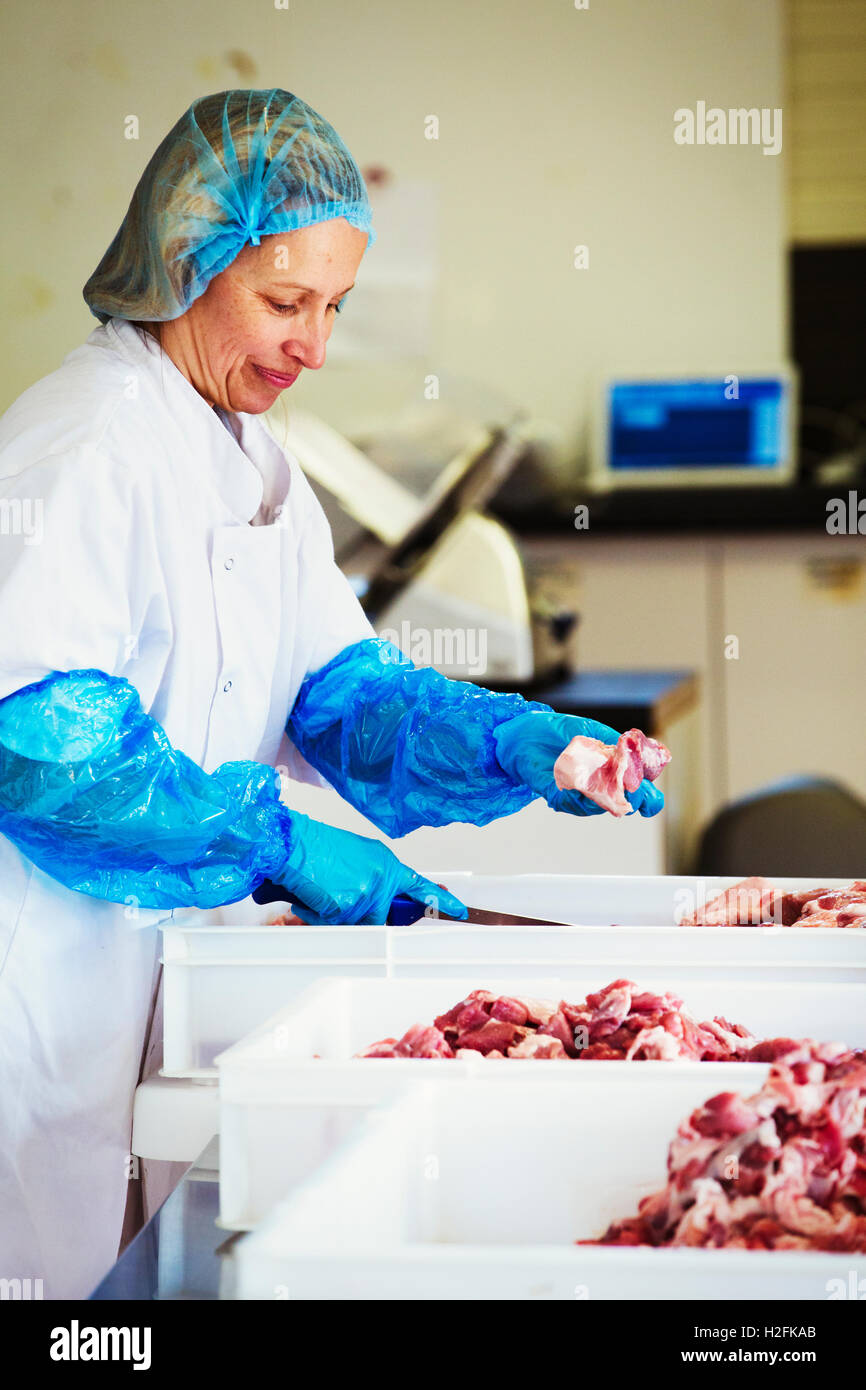 Woman working in a butchery, standing in fron t of plastic trays ...
