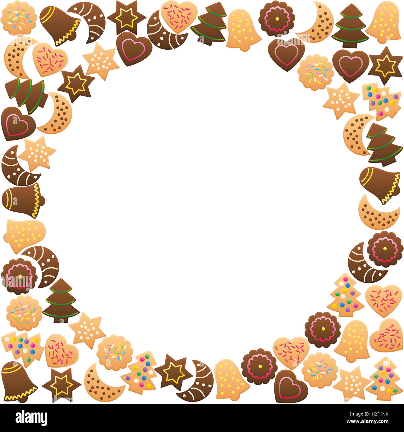 Christmas cookies forming a round frame. Illustration on white ...
