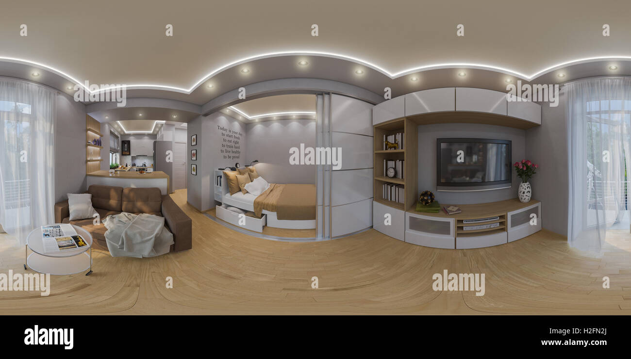 3d illustration spherical 360 degrees, seamless panorama of living room ...