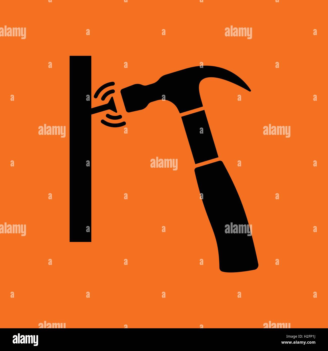 Icon of hammer beat to nail. Orange background with black. Vector ...