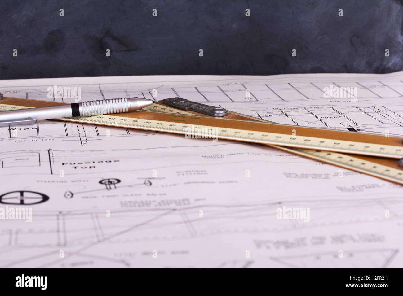 Drawing equipment and plans for making a model aircraft Stock Photo - Alamy