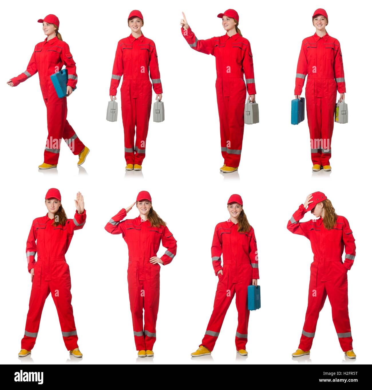 Woman in red overalls isolated on white Stock Photo - Alamy