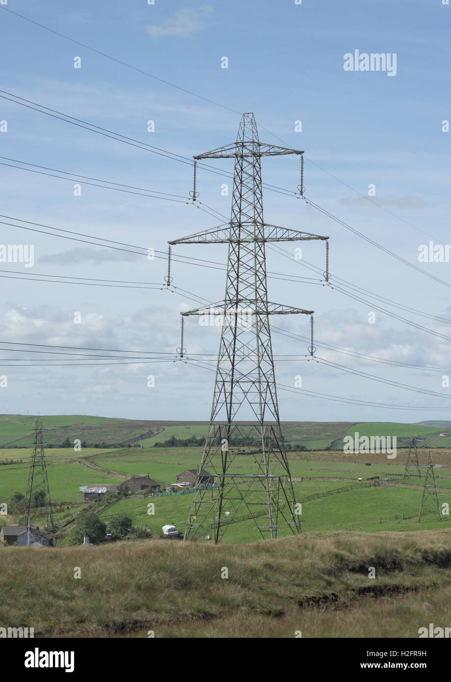 Electricity pylon and high voltage overhead power lines part of the the ...