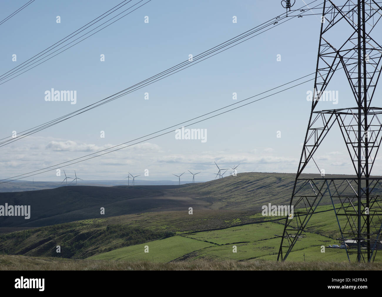 Electricity pylon and high voltage overhead power lines part of the the ...