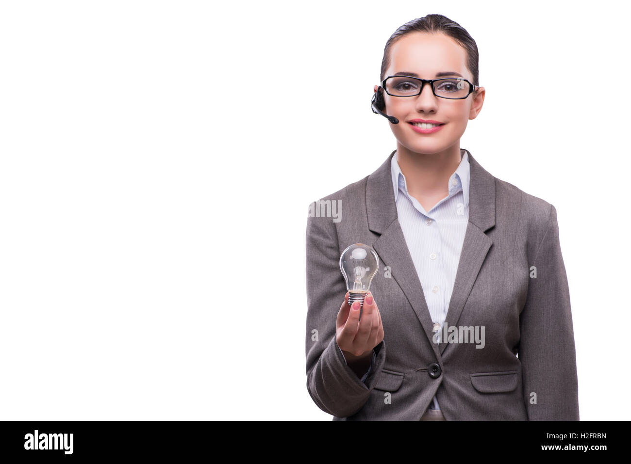 Call center operator with light bulb isolated on white Stock Photo - Alamy