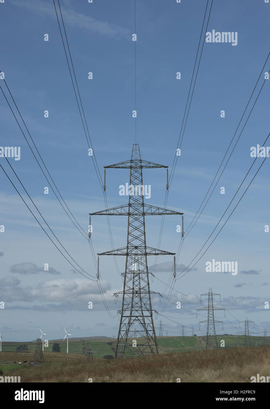 Electricity pylon and high voltage overhead power lines part of the the ...