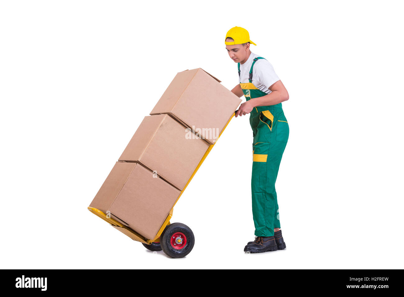 Young man moving boxes with cart isolated on white Stock Photo - Alamy