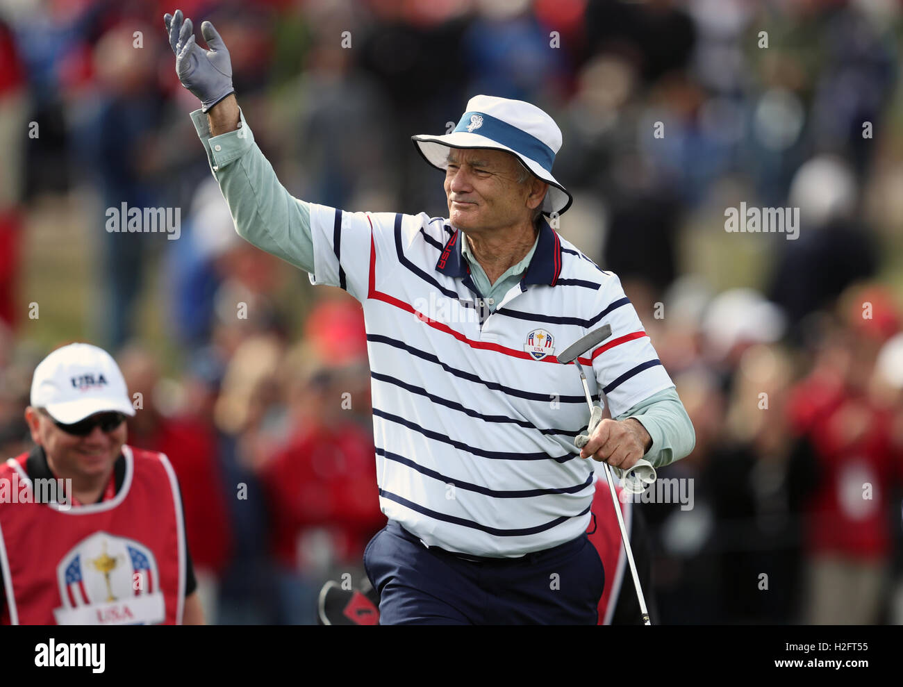 USA's Bill Murray acknowledges the crowd during a practice session ...