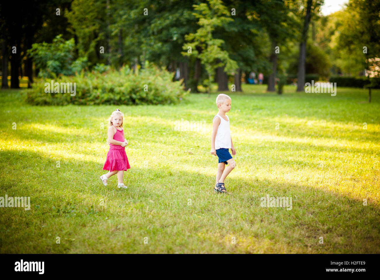 Little children walking through park during beautiful summer evening ...