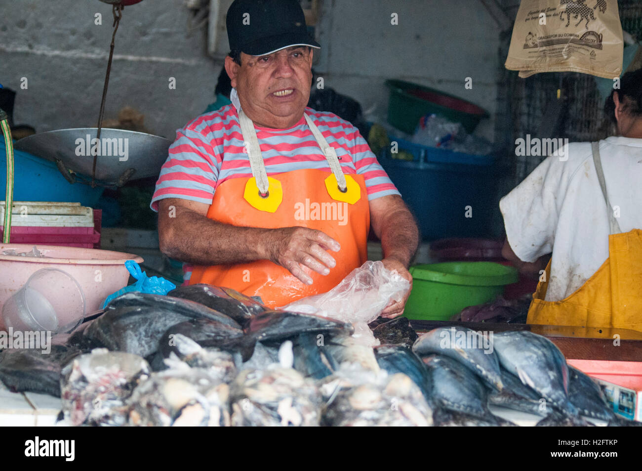 Fishmongers at work beside the harbour at Arica on the Pacific coast of ...
