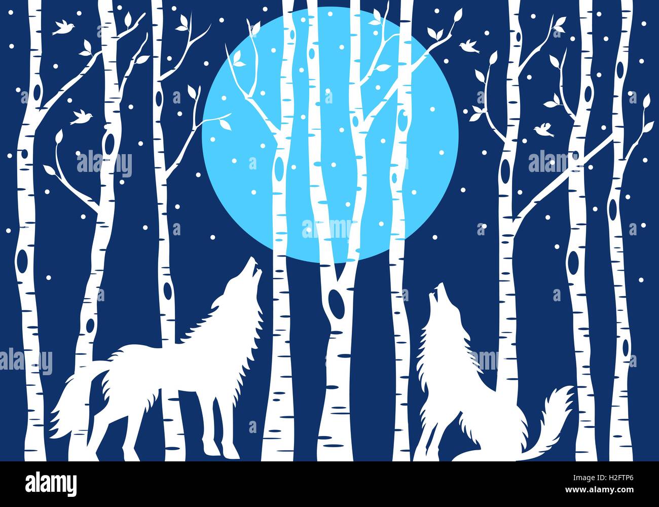 Howling wolf with blue moon and white birch trees, vector illustration ...