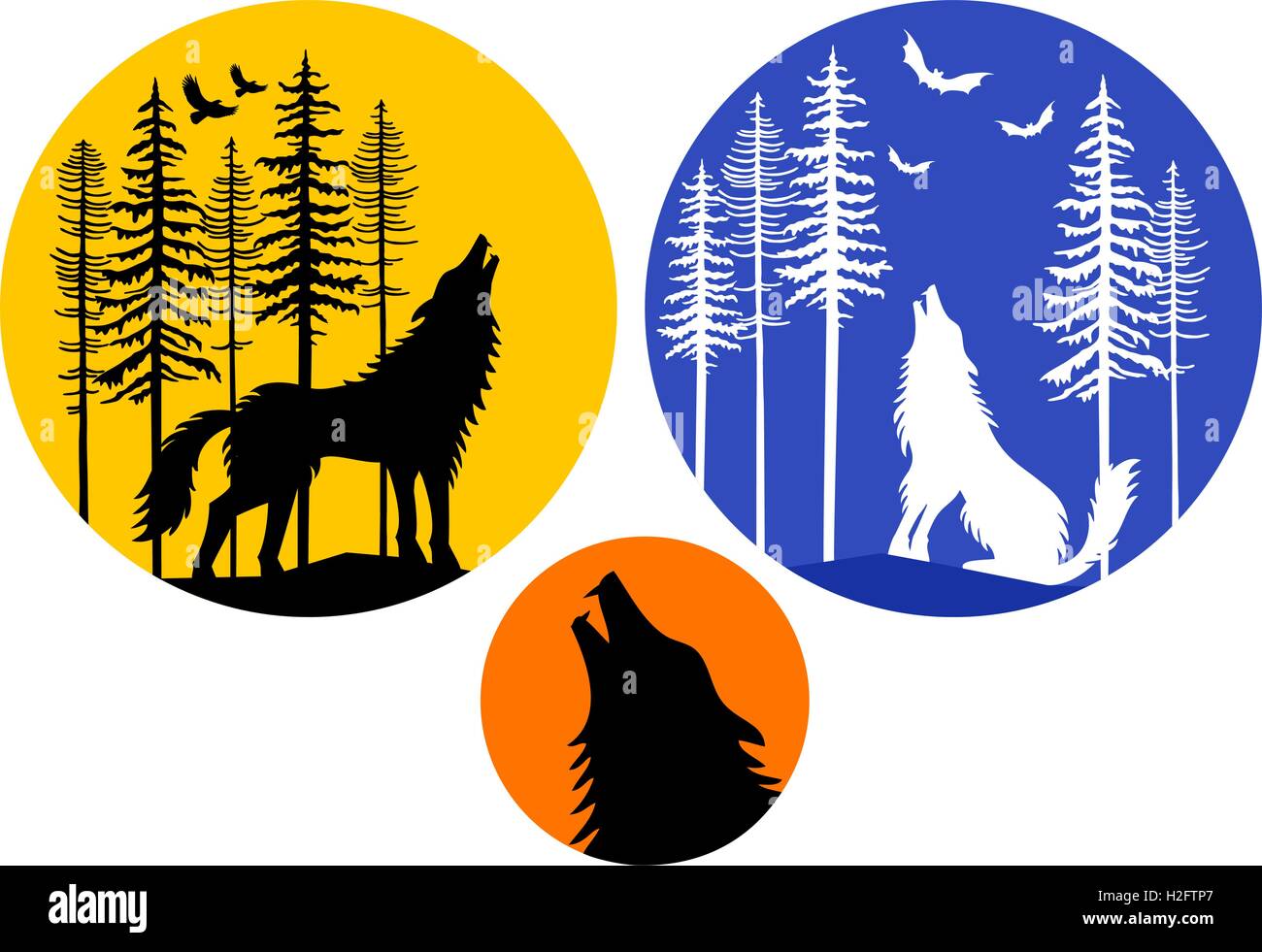 Howling wolf with moon, fir trees and flying birds, set of vector ...